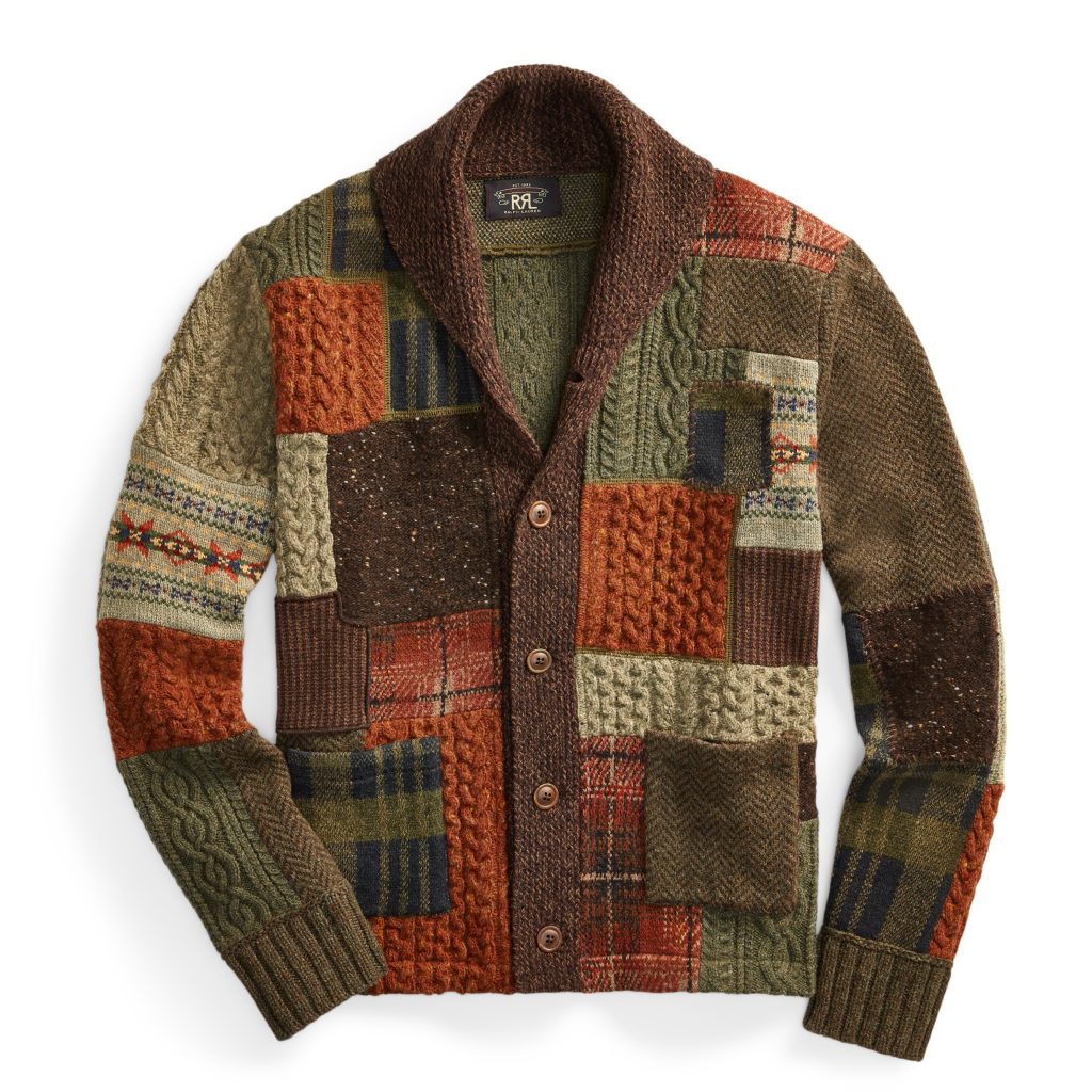 Shawl Cardigan Patchwork Wool Olive Multi – B74